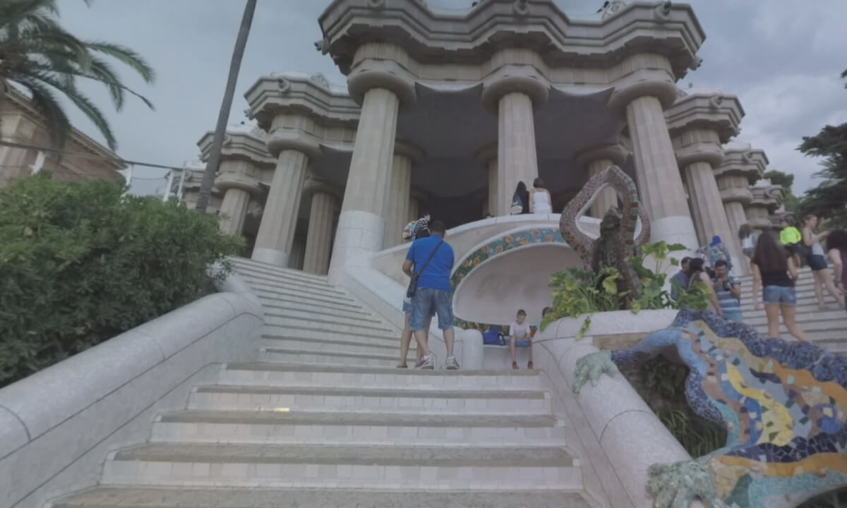 360 VR View to Park Guell and its visitors. Barcelona, Spain