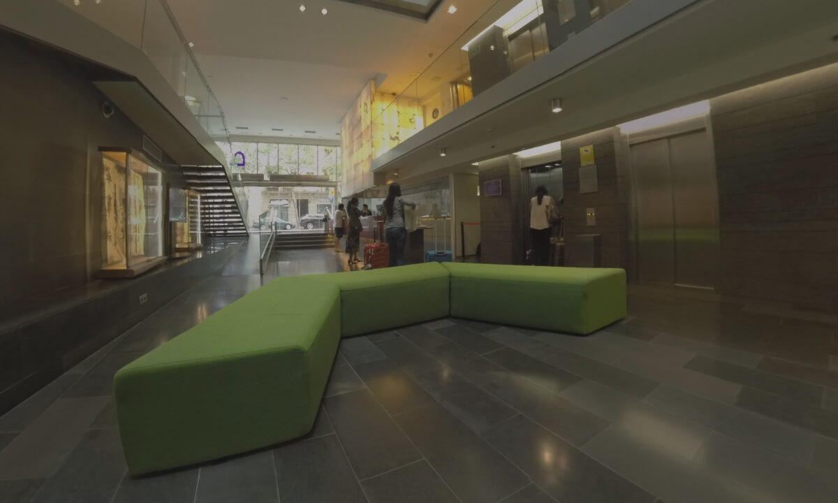 360 VR Interior of hotel with lobby and restaurant, Barcelona