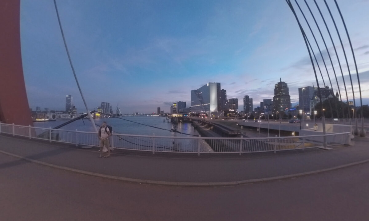 360 VR Rotterdam cityscape with Willemsbrug in the dusk, Netherlands