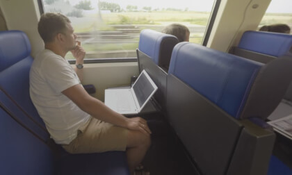 360 VR Train with passengers moving through the tunnel, inner view
