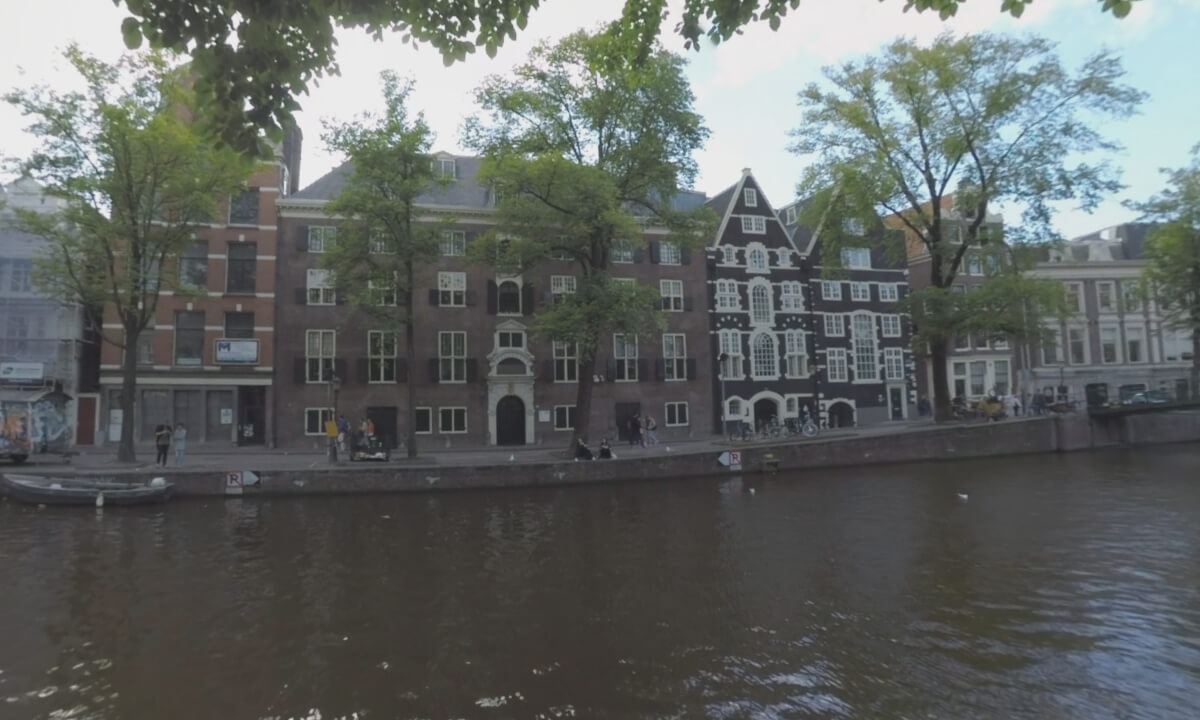 360 VR Street with canal and Dutch houses in Amsterdam