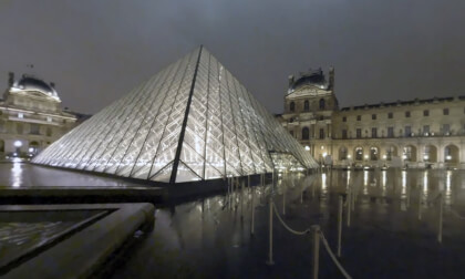 360 VR Louvre Museum with Pyramid in the court. Scene in night Paris ...