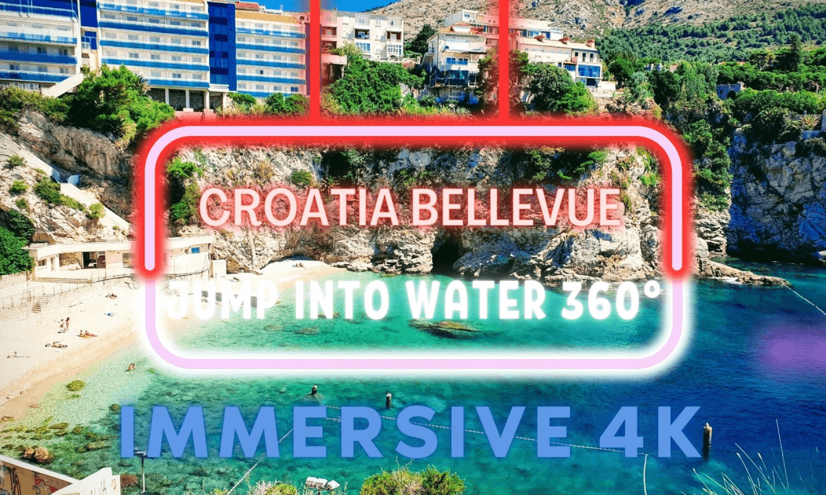 CROATIA, DUBROVNIK, BELLEVUE BEACH. JUMPING INTO THE WATER. VR EXPERIENCE.