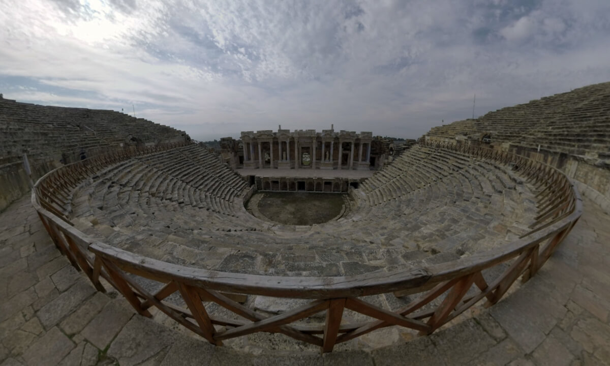 360 VR Roman amphitheatre in Hierapolis, Turkey. Inside view