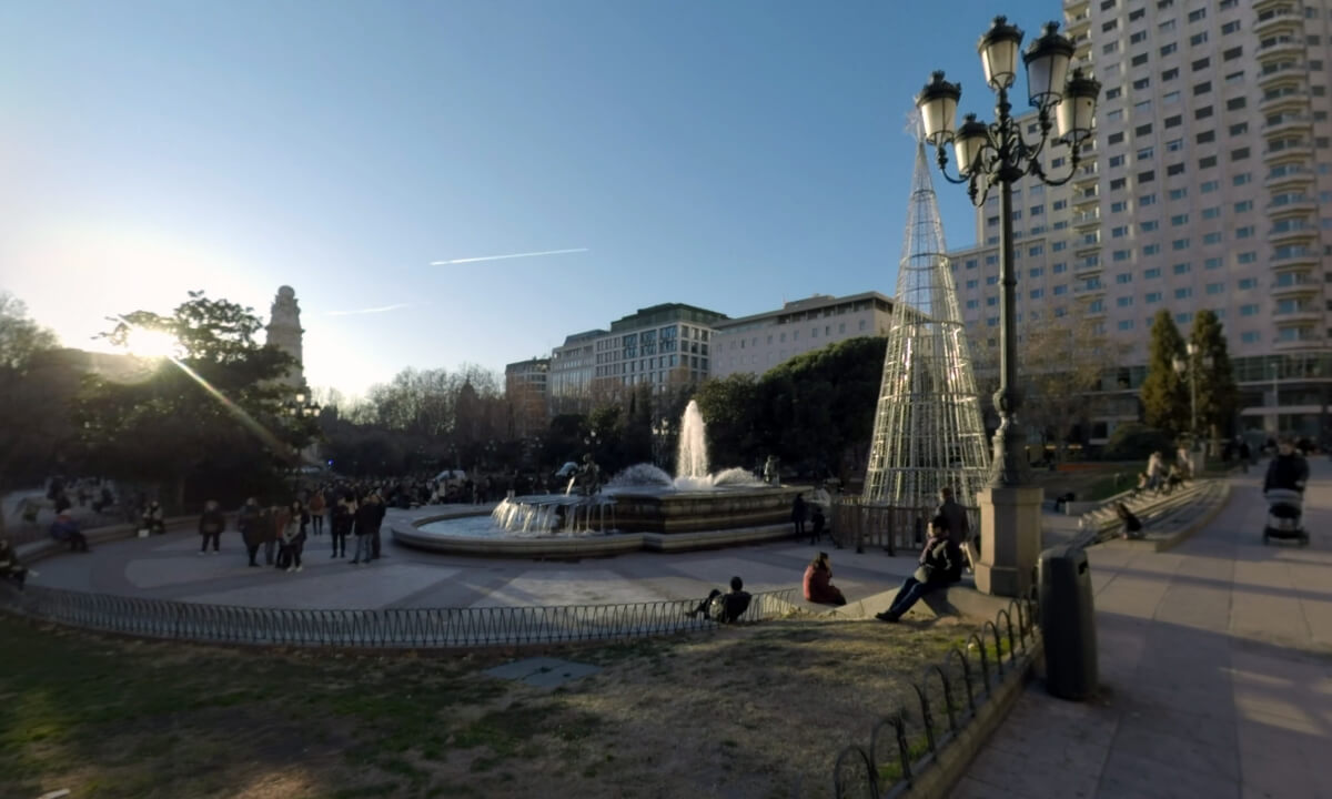 360 VR City view with Edificio Espana and Plaza de Espana in Madrid, Spain