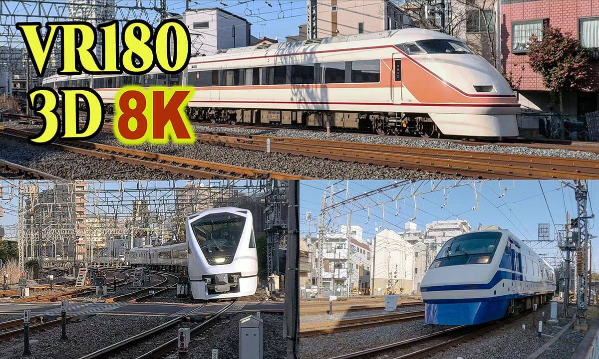 Tobu Railway trains running through a large curve between Kita-Senju ...