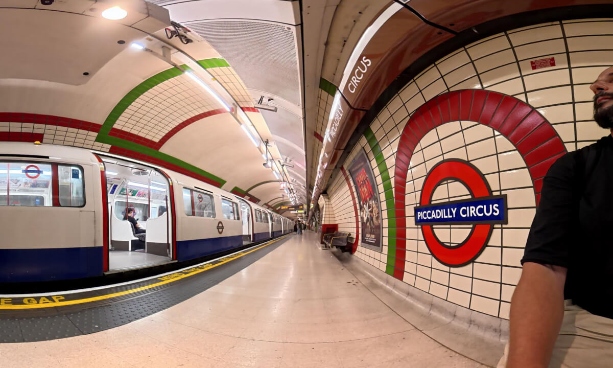 An underground train arriving at Piccadilly Circus station in London