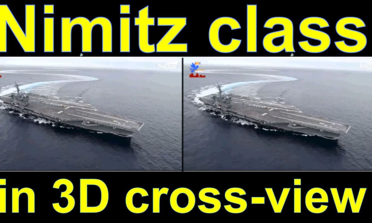 Nimitz-class aircraft carrier maneuvering in 3D side-by-side cross-view ...