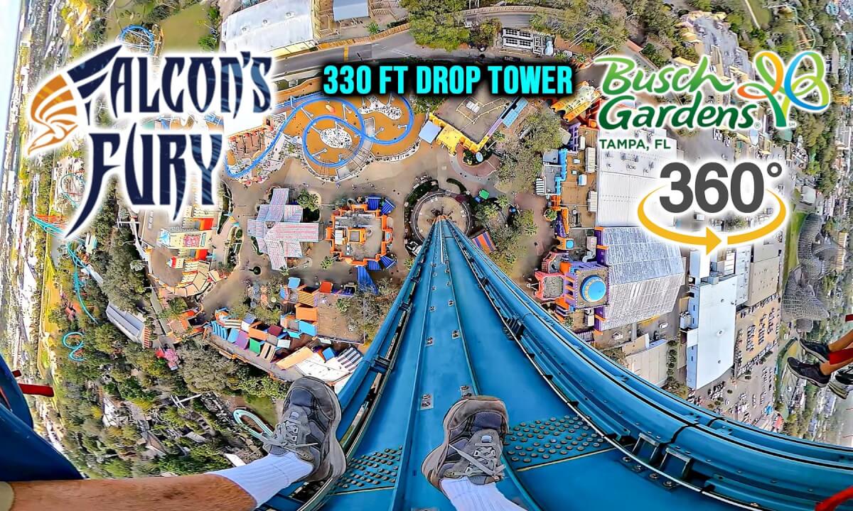 VR 360 Falcon's Fury 335 ft Drop Tower On Ride POV Busch Gardens Tampa ...